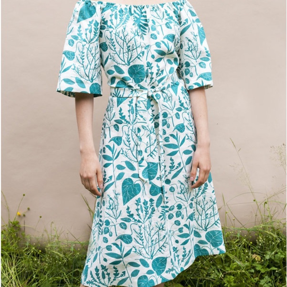 Sunja Link Gathered Neck Floral Linen Dress - Gem